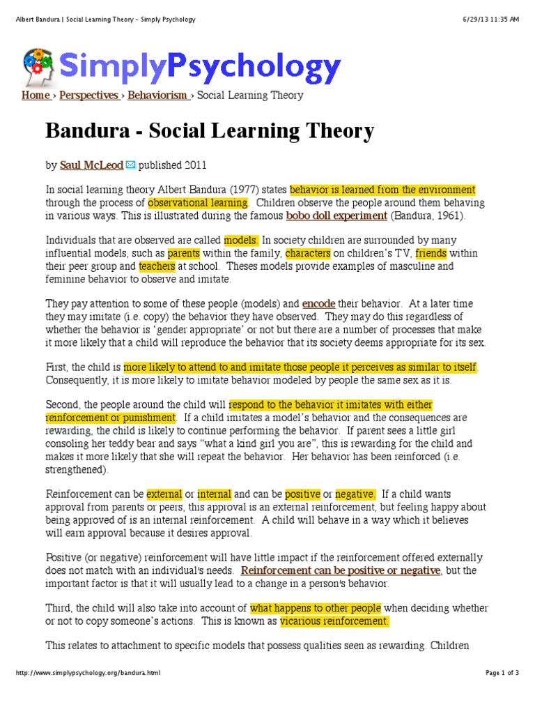 Albert Bandura Social Learning Theory - Simply Psychology | PDF ...