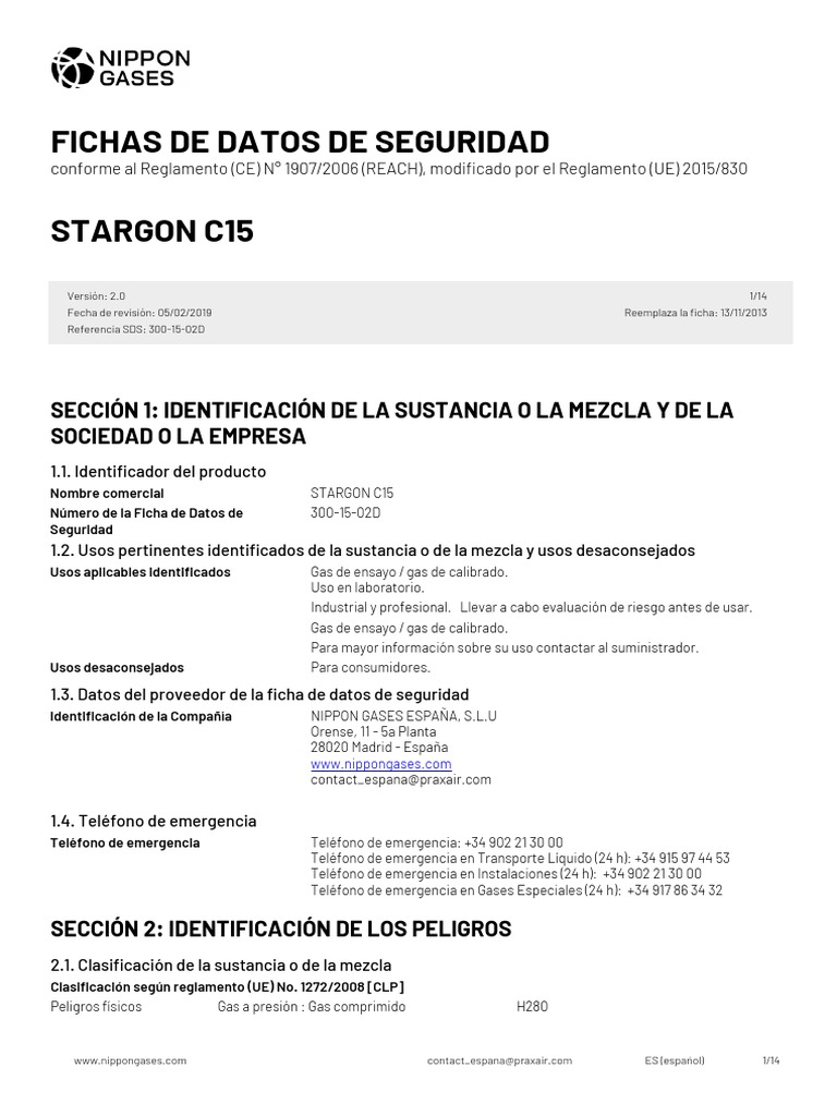 Ficha de Seguridad Gas Stargon C15 | PDF | Oxígeno | Gases