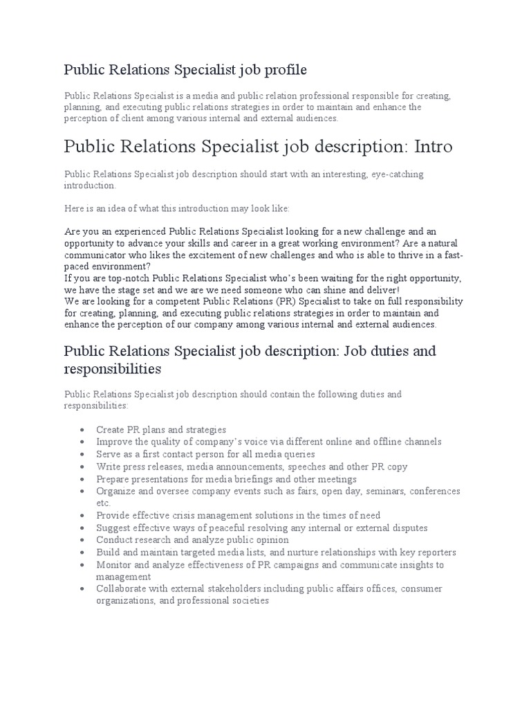 Public Relations Specialist Job Profile | PDF | Public Relations ...