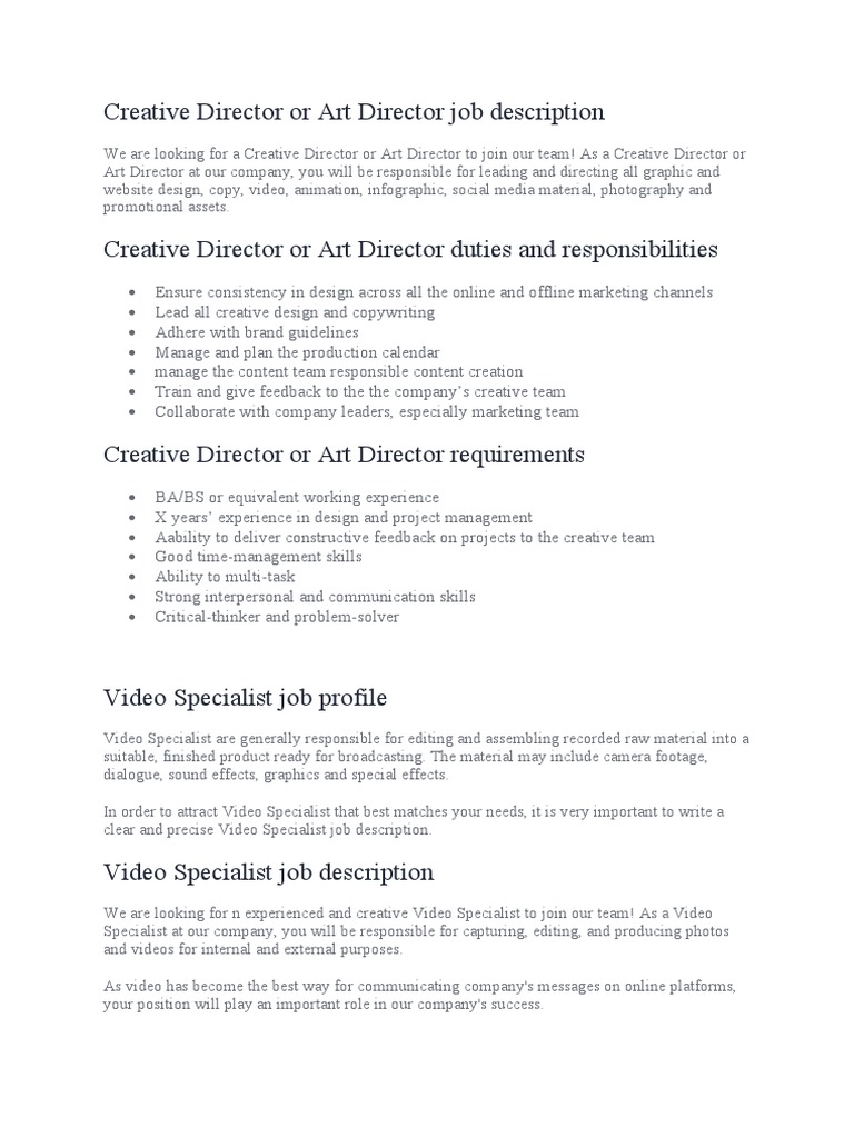 Creative Director or Art Director Job Description | Download Free PDF ...