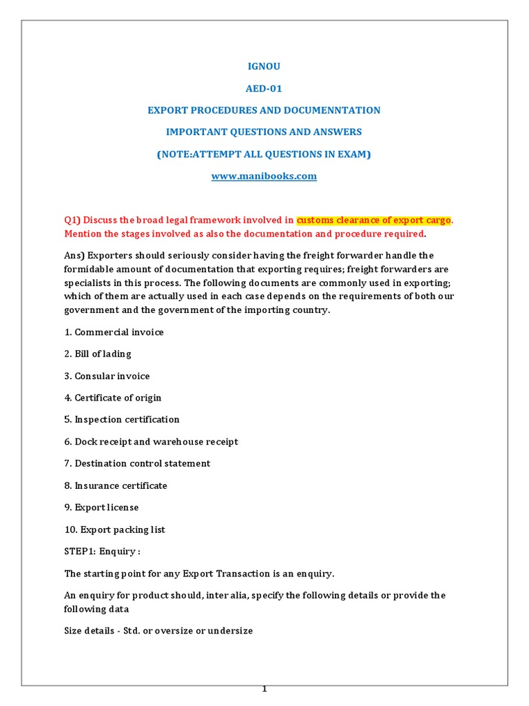 Ignou AED-01 Export Procedures and Documenntation Important Questions and Answers (Note:Attempt ...