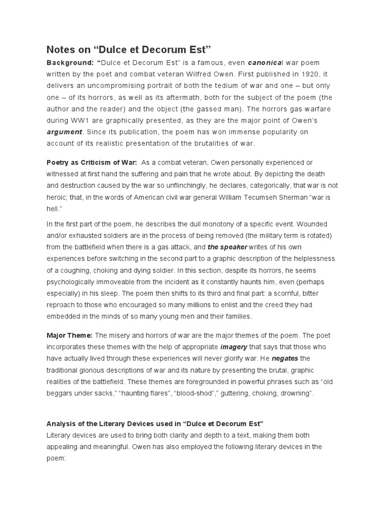 Notes On Dulce Et Decorum Est | PDF | Sonnets | Poetic Devices