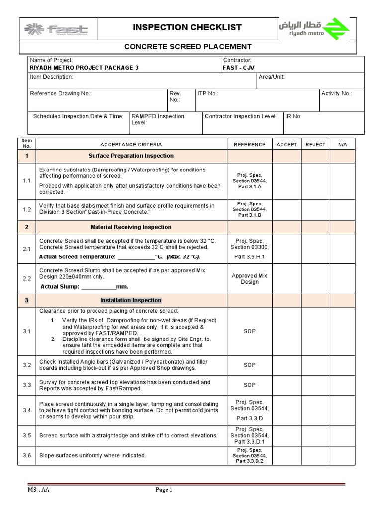 Inspection Checklist: Concrete Screed Placement | PDF | Concrete ...
