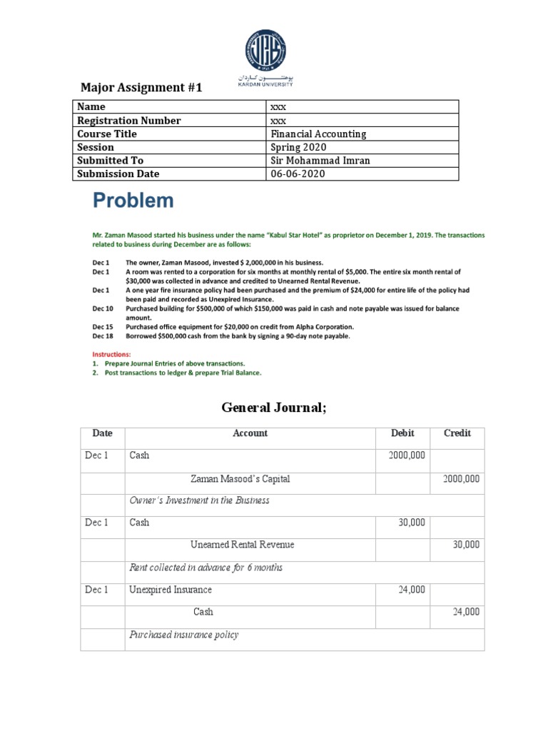 Financial Accounting Major Assignment1 | PDF | Debits And Credits | Revenue