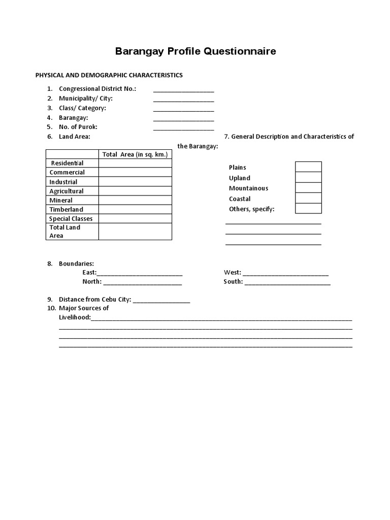 Barangay Profile Questionnaire Template | PDF