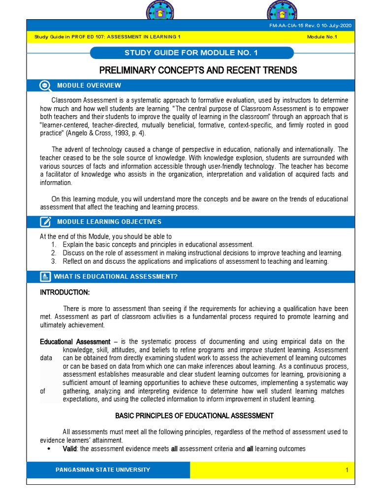 Study Guide Module 1 ProfEd107 Assessment in Learning 1 | PDF ...