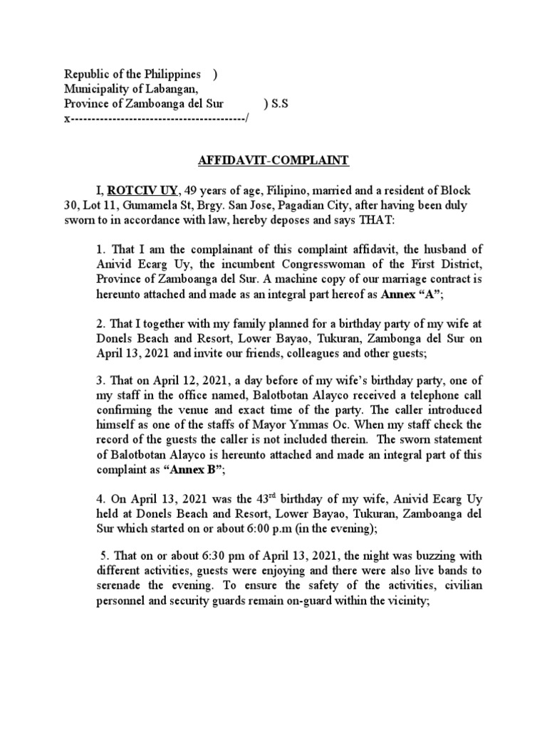 Murder Complaint at Donels Beach Resort | PDF | Affidavit | Common Law