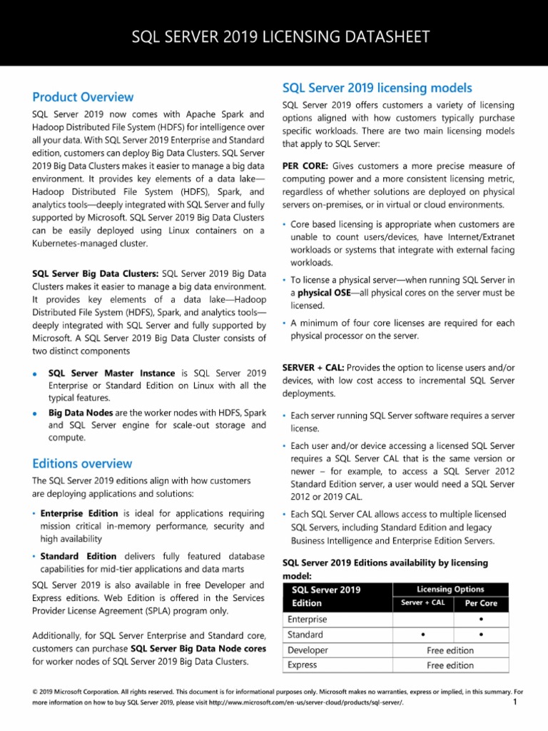 SQL Server 2019 Licensing Datasheet | PDF