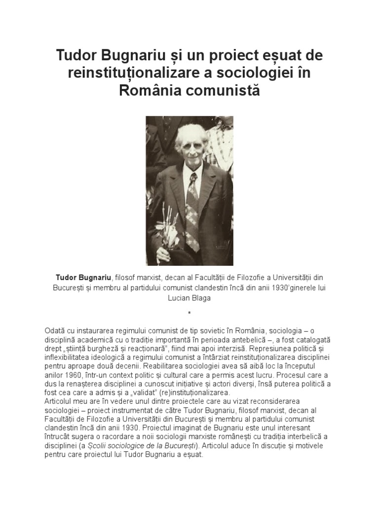 Tudor Bugnariu Și Un Proiect Eșuat de Reinstituționalizare A ...