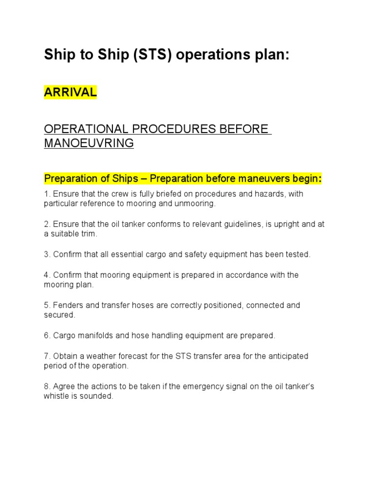 Ship To Ship (STS) Operations Plan:: Arrival | PDF | Oil Tanker | Ships