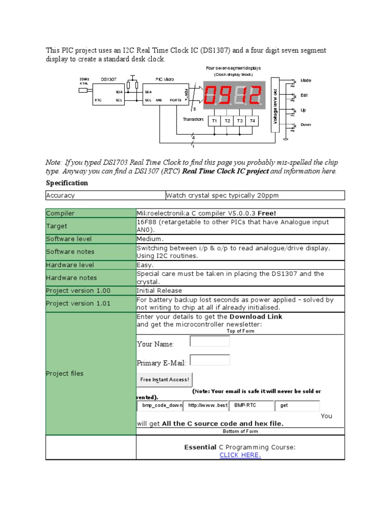 A Four Digit Seven Segment Desk Clock Using a DS1307 Real Time Clock IC and PIC Microcontroller ...
