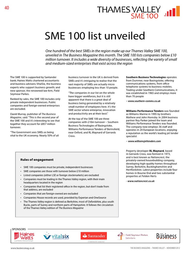 Thames Valley SME 100 List 2012 | PDF | Small And Medium Sized ...