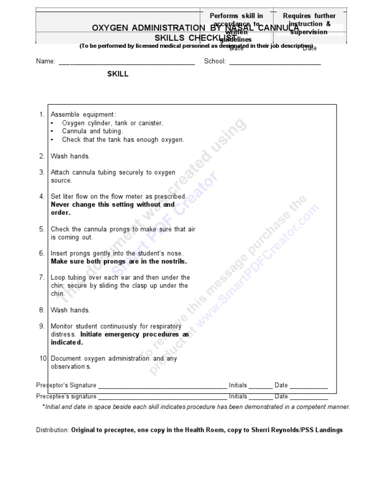 Oxygen Admin by Nasal Cannula Checklist | PDF