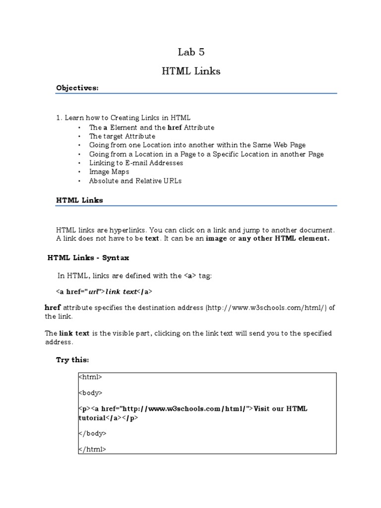 Lab 5 HTML Links: Objectives | PDF | Hyperlink | Html Element