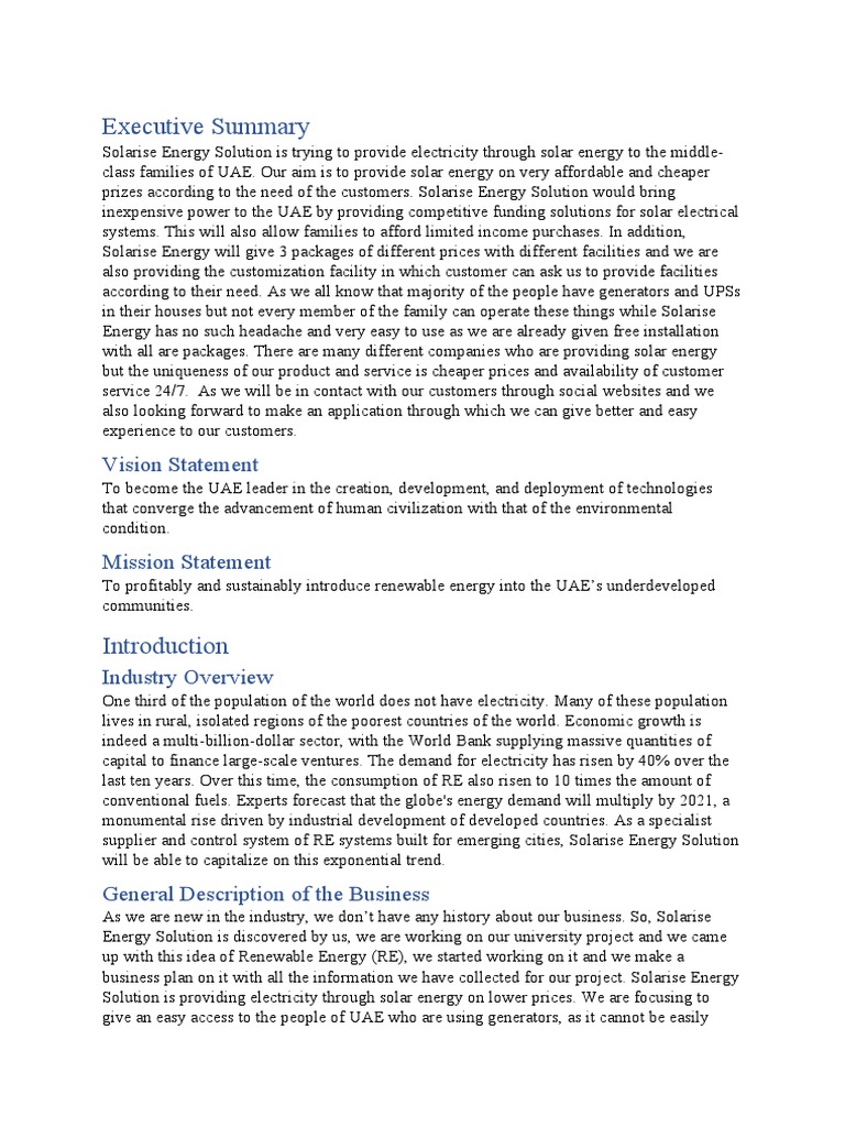 Executive Summary: Vision Statement | Download Free PDF | Solar Power ...