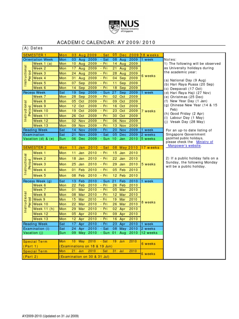 NUS MBA Academic Calendar | PDF | Academic Term | Holidays