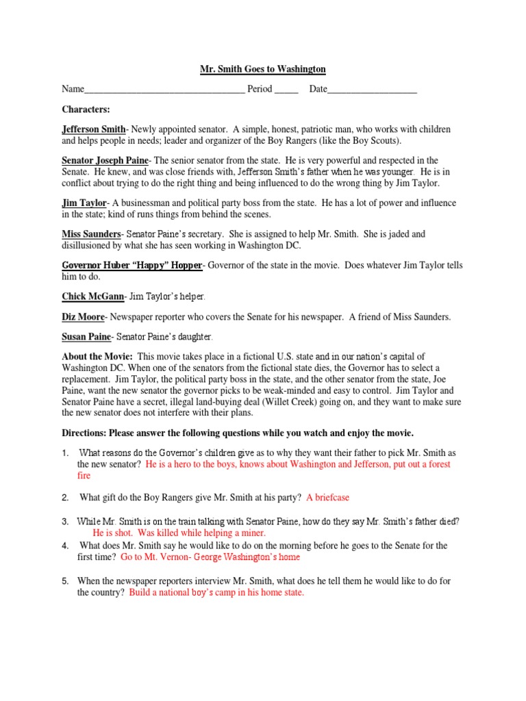 MR Smith Goes To Washington Worksheet New Key | PDF
