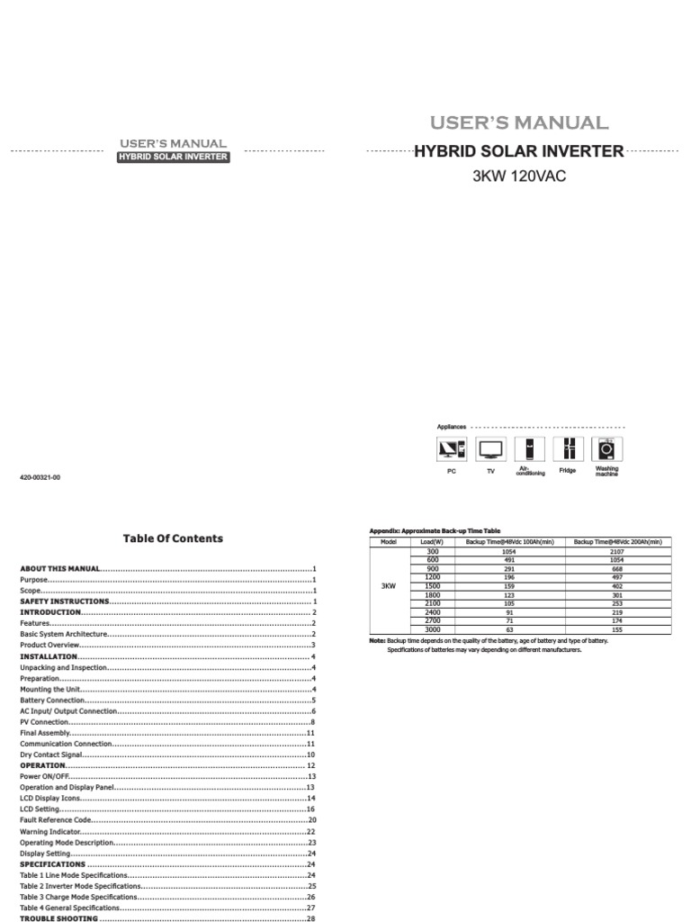 PV1800 Hybrid Inverter Manual | PDF | Power Inverter | Battery Charger