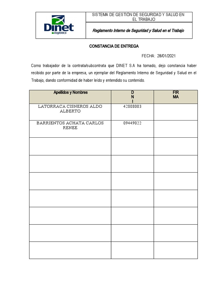 Constancia de Entrega de Risst Dinet | PDF