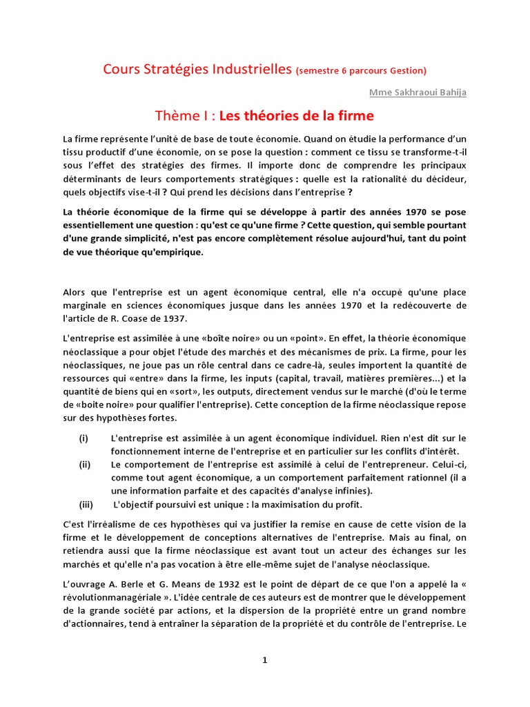 Cours S6 Stratégies Industrielles PR Sakhraoui Thèmes 1 Et 2 PDF | PDF | Sociétés | Actionnaire