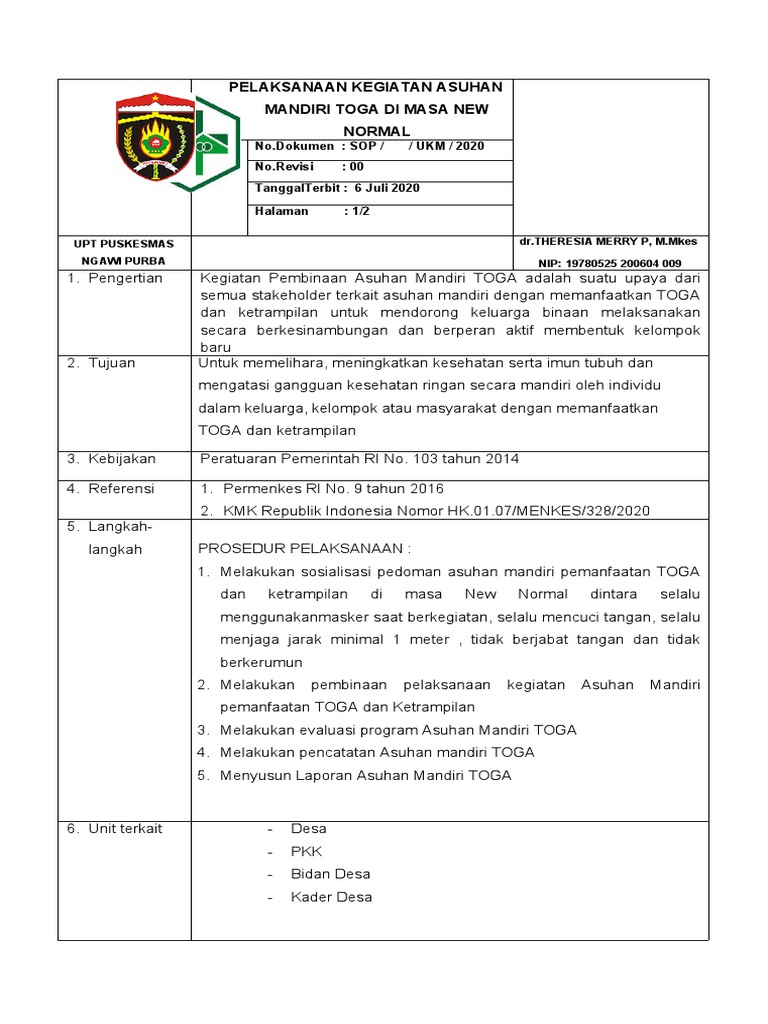 Sop Terbaru Pelaksanaan Kegiatan Asuhan Mandiri Toga Di Masa New Normal | PDF