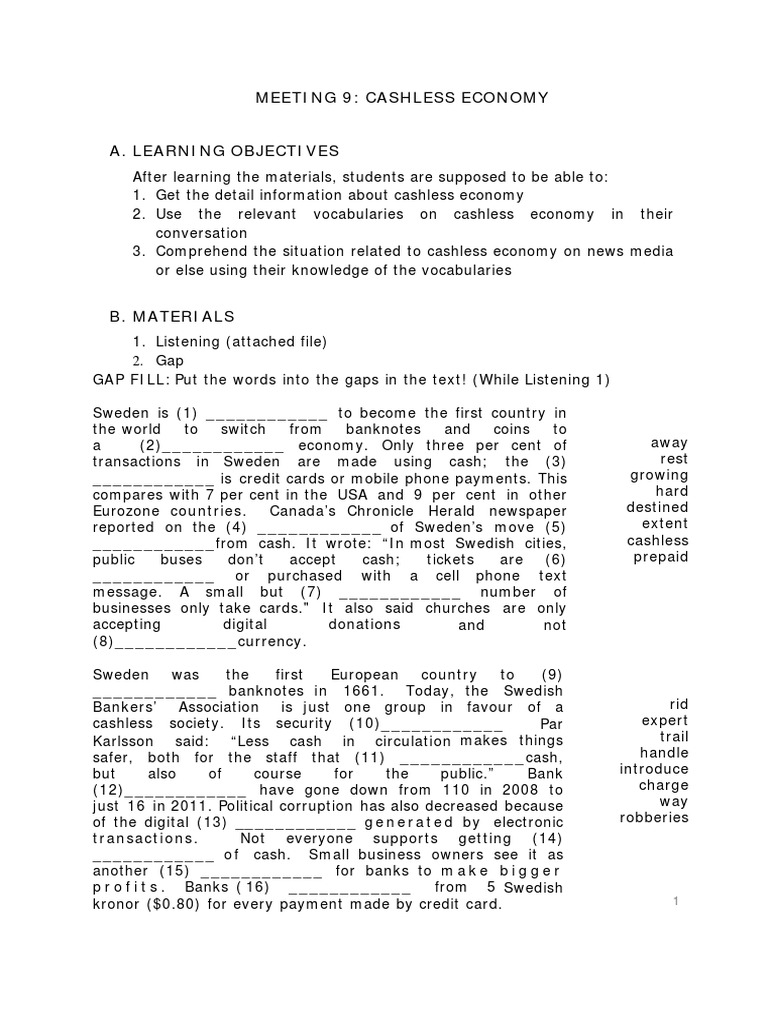Meeting 9: Cashless Economy A. Learning Objectives: Away Rest Growing ...