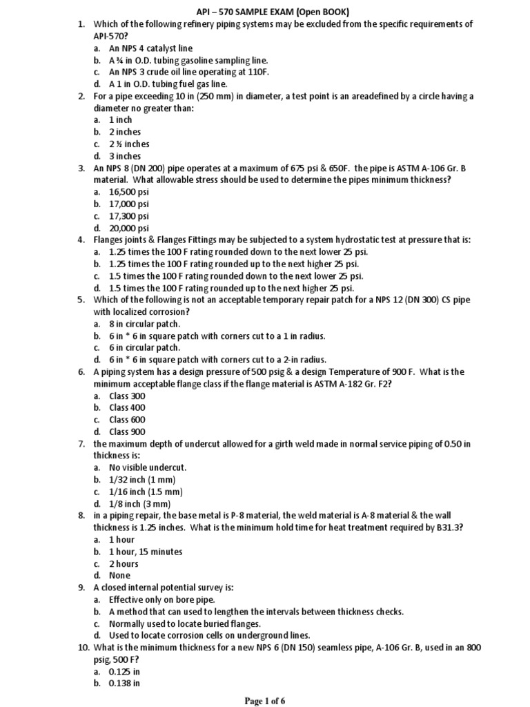 API-570 SAMPLE Open Book Exam | PDF | Pipe (Fluid Conveyance ...
