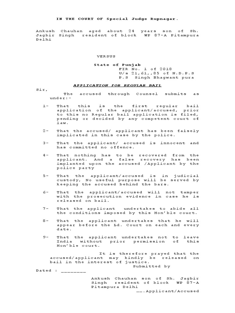 IN THE COURT OF Special Judge Rupnagar .: Application For Regular Bail ...