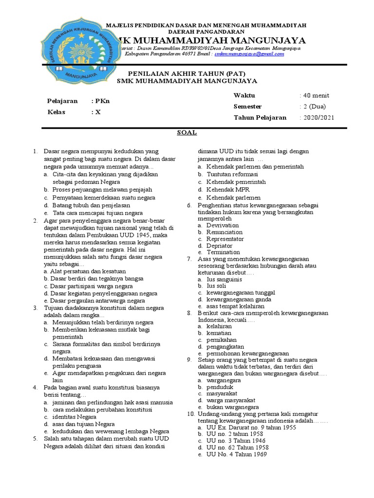 SOAL PAT PKN KELAS X FINISH | PDF