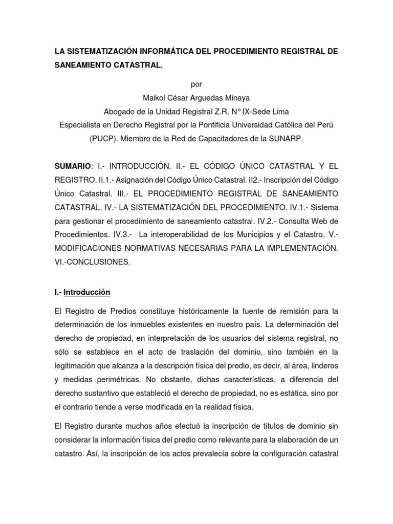La Sistematización Informática Del Procedimiento Registral de Sunarp ...