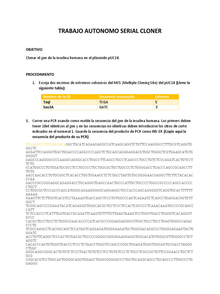 Trabajo Autonomo Serial Cloner | PDF | Genética molecular | Organismos