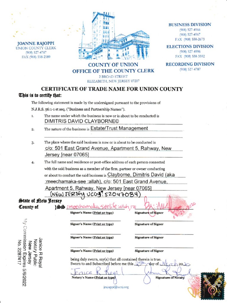 CERTIFICATE OF TRADE NAME FOR UNION COUNTY For DIMITRIS DAVID CLAYBORNE ...