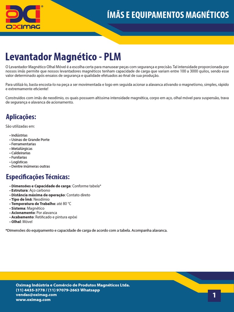 Oximag Ficha Tecnica Levantador Magnetico PLM PDF | PDF | Magnetismo | Ímã