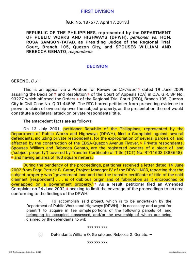 DPWH vs. Genato: Expropriation Case Ruling | PDF | Eminent Domain ...