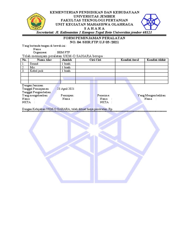 SOP Peminjaman Alat UKM-O SAHARA Dan Form Peminjaman Alat 20-21 | PDF