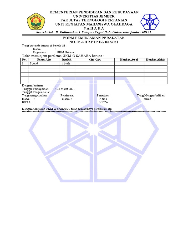 SOP Peminjaman Alat UKM-O SAHARA Dan Form Peminjaman Alat 20-21 | PDF