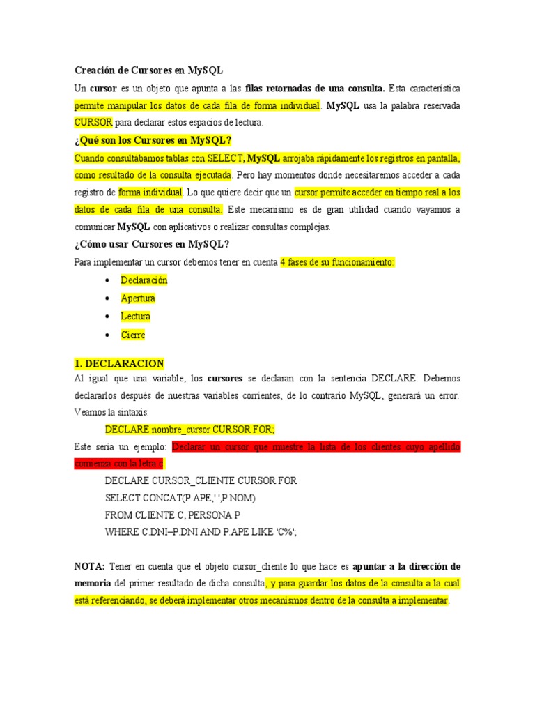 Creación de Cursores en MySQL | PDF | Mi sql | Variable (informática)
