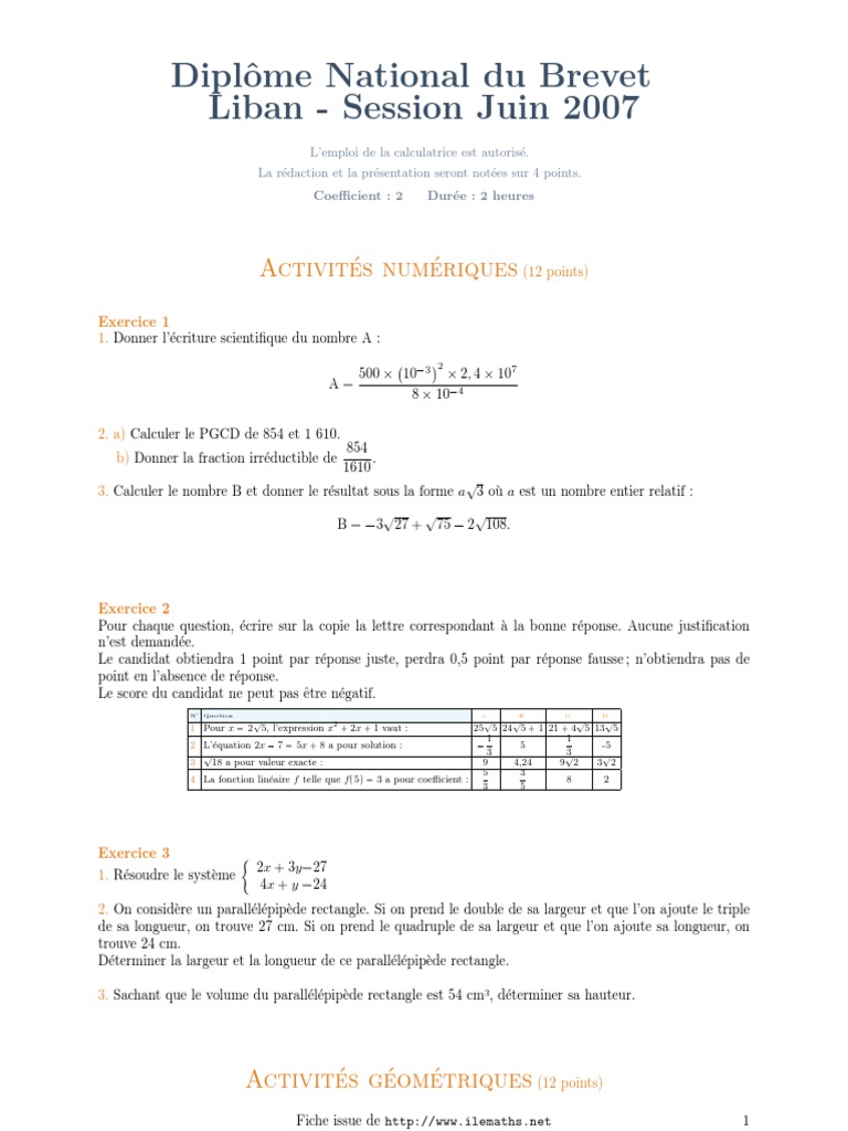 Maths DNB Liban 2007 | PDF | Cercle | Triangle