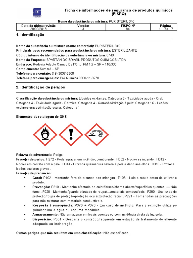 FISPQ Puristeril - 201809 | PDF | Embalagem e rotulagem | Vapor