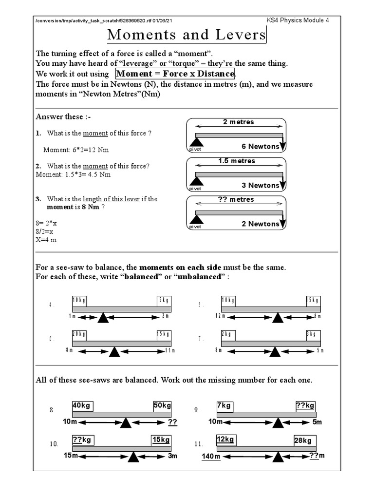 Moments and Levers: Moment Force X Distance | PDF | Metrology ...