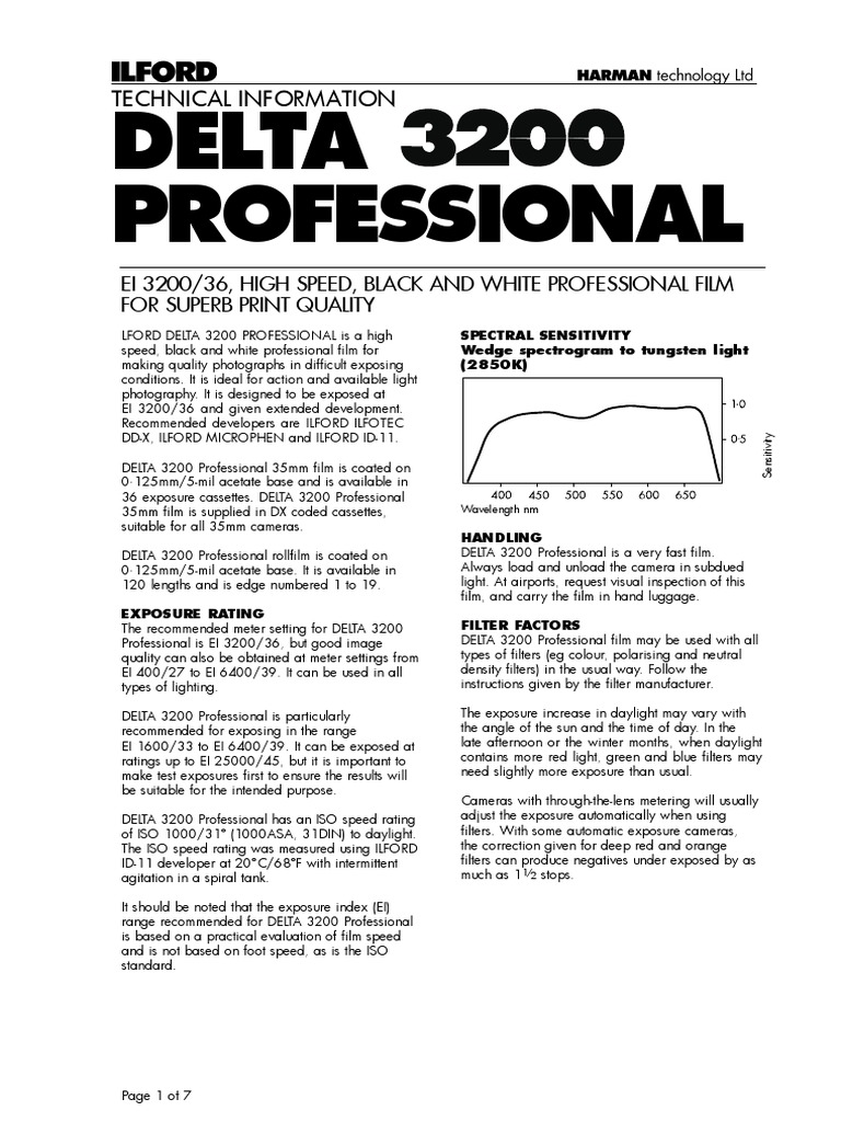 Technical Specifications and Processing Guide for ILFORD DELTA 3200/36 ...