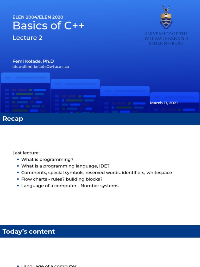ELEN 2020 Basics of CPlusPlus Lecture 2 | PDF | Integer (Computer Science) | Data Type