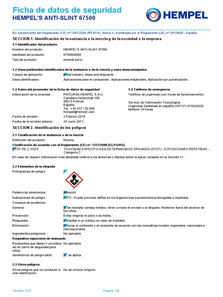 Ficha Seguridad Hempel Anti-Slint 6750000000 | Descargar gratis PDF | Toxicidad | Residuos