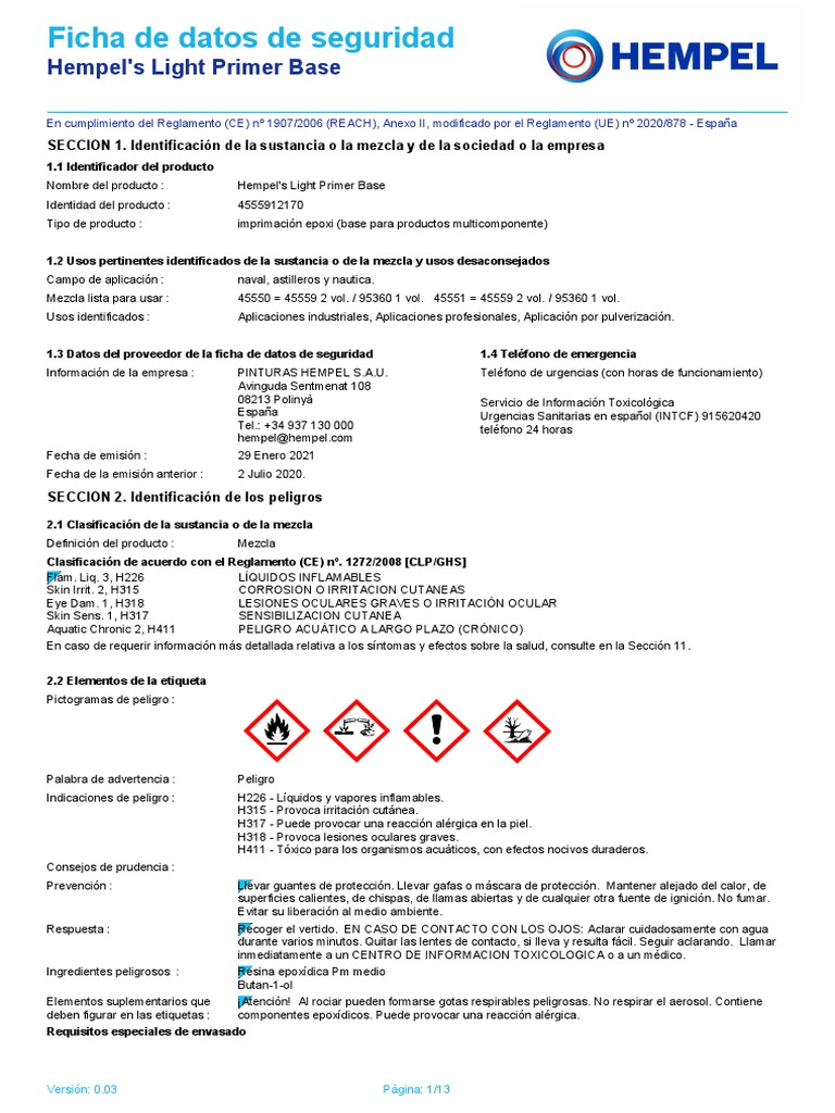 Ficha Seguridad Hempel Light Primer 4555912170 | PDF | Agua | Alergia