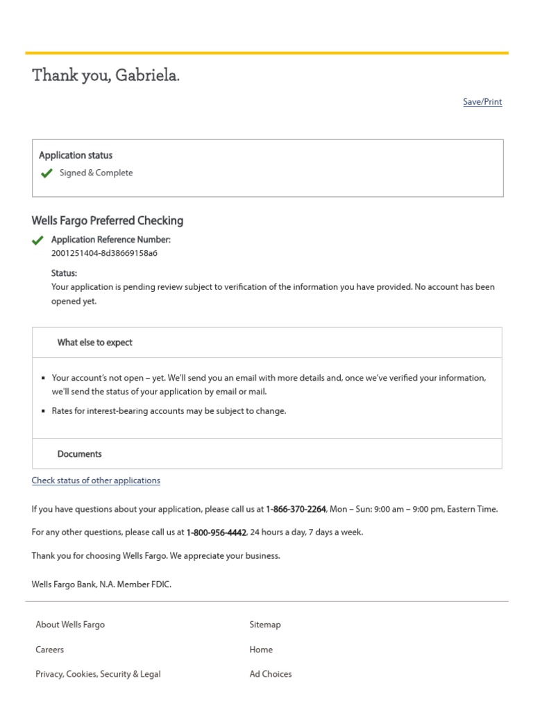 Wells Fargo - Application - Thank You | PDF