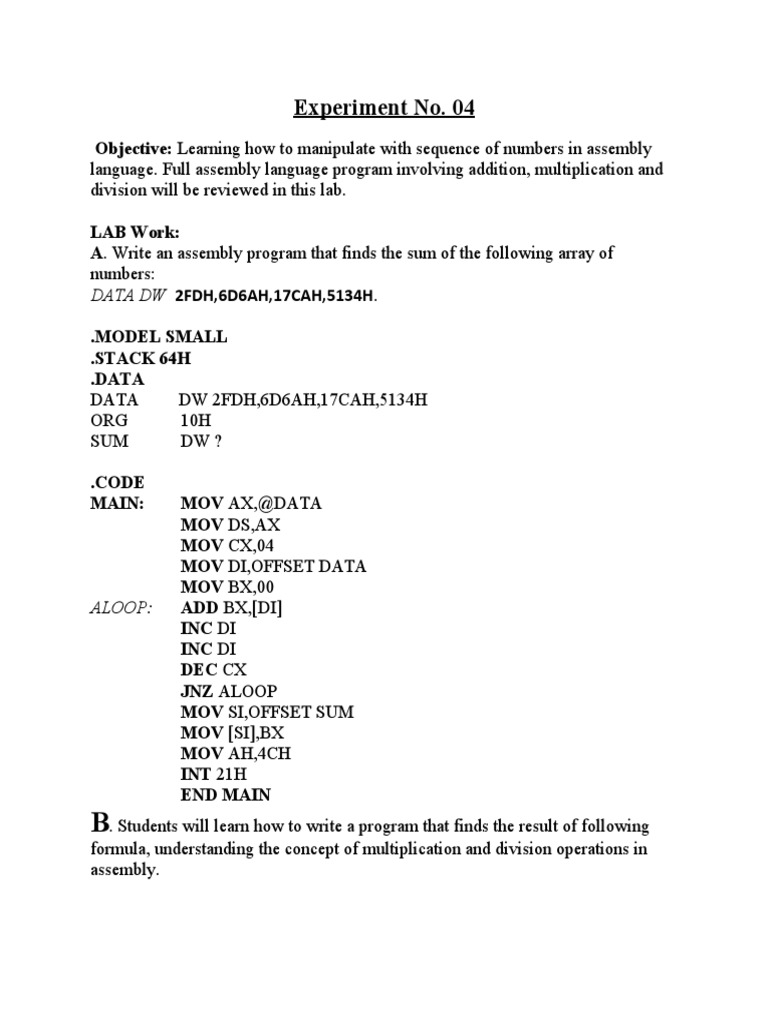 Experiment No. 04: DATA DW 2FDH, 6D6AH, 17CAH, 5134H | PDF | Assembly Language | Integer ...