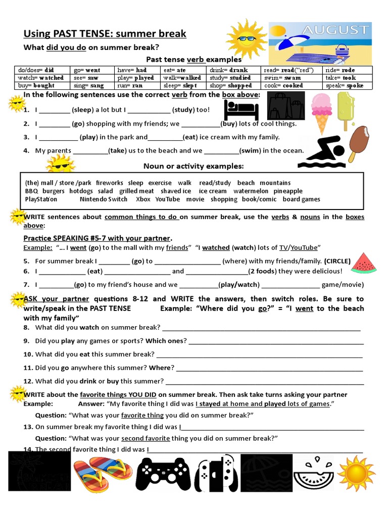 Summer Break Past Tense Practice | PDF | Verb | Syntax