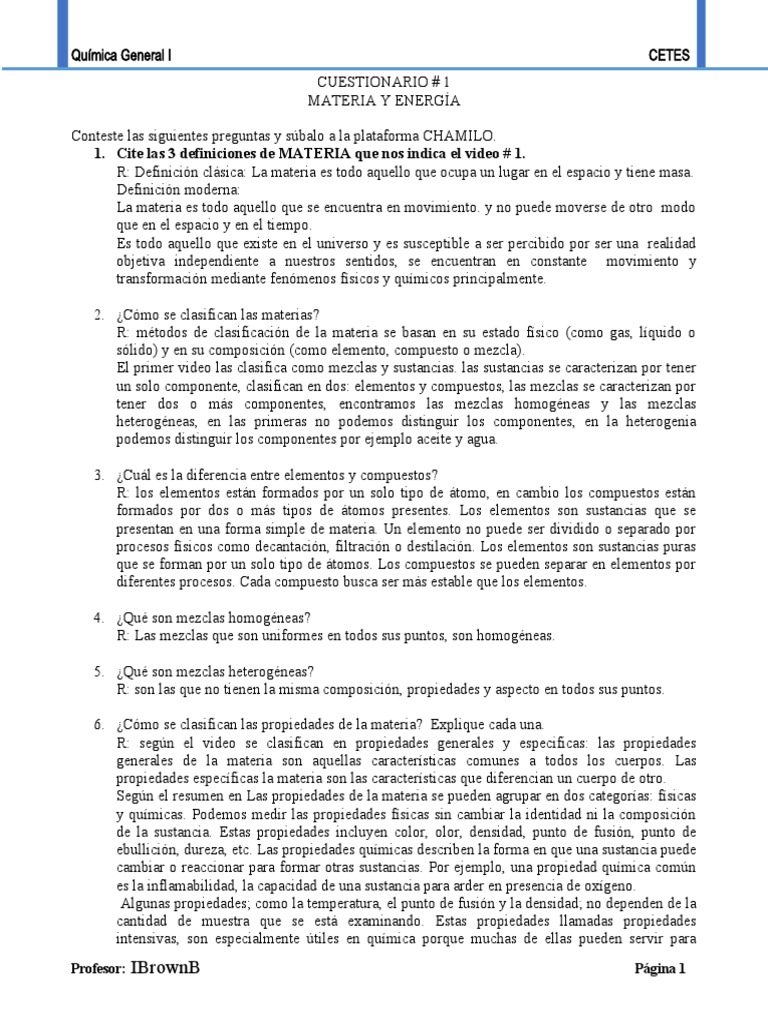 1.cuestionario - Materia y Energia | PDF | Mezcla | Importar