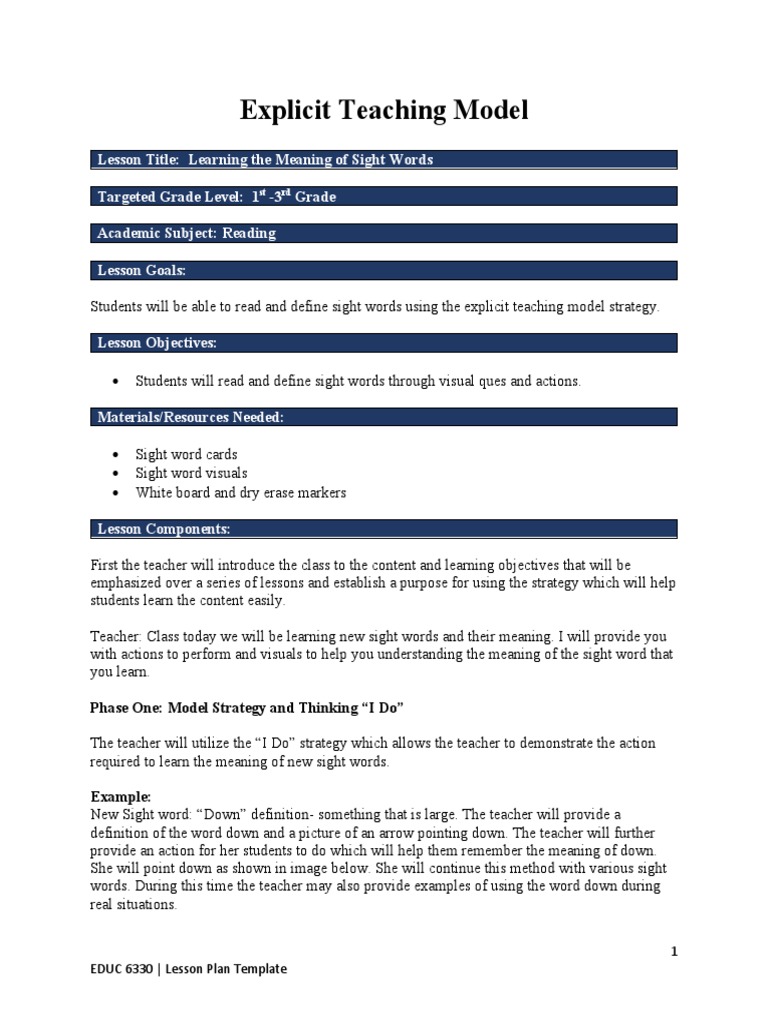 Explicit Teaching Model Lesson Plan | PDF | Lesson Plan | Teachers