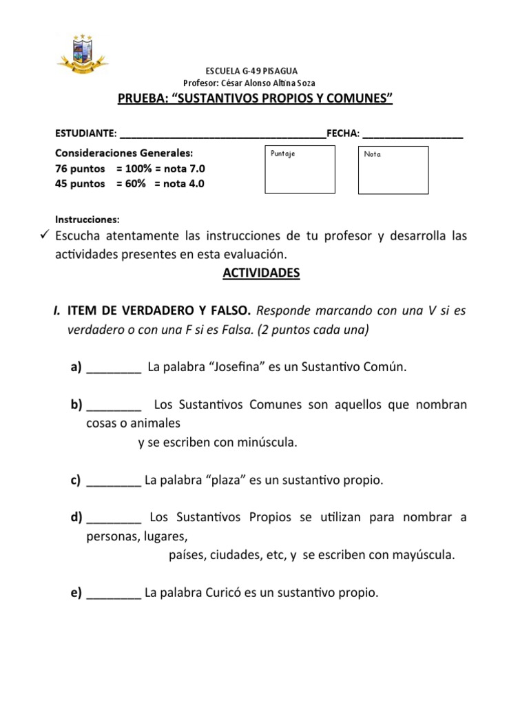 Prueba Sustantivos Comunes y Proios | Descargar gratis PDF | Caso de ...